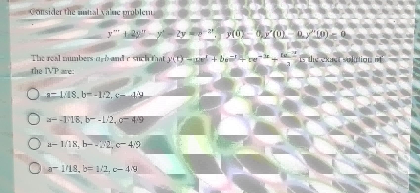 Solved Consider the initial value problem: y′′′+2y′′− The | Chegg.com