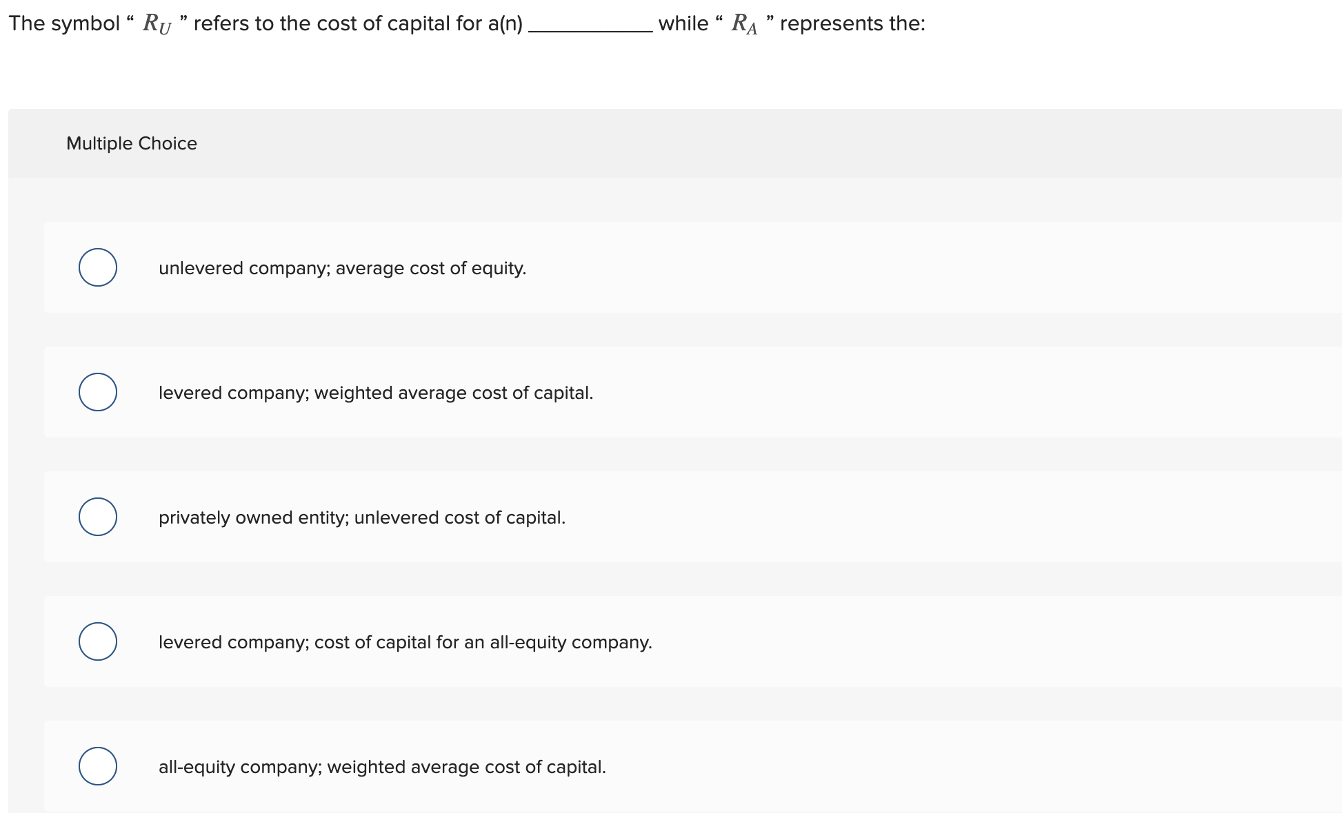 Solved Multiple Choiceunlevered company; average cost of | Chegg.com