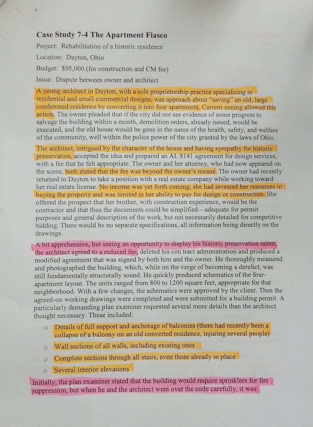 Case Study 7-4 The Apartment Fiasco Project: | Chegg.com