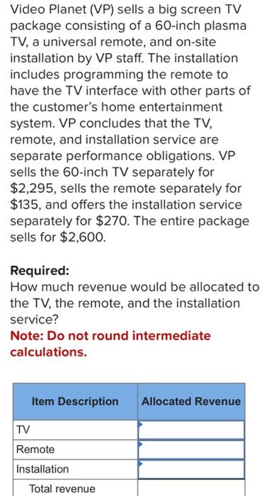 Solved Video Planet (VP) sells a big screen TV package | Chegg.com