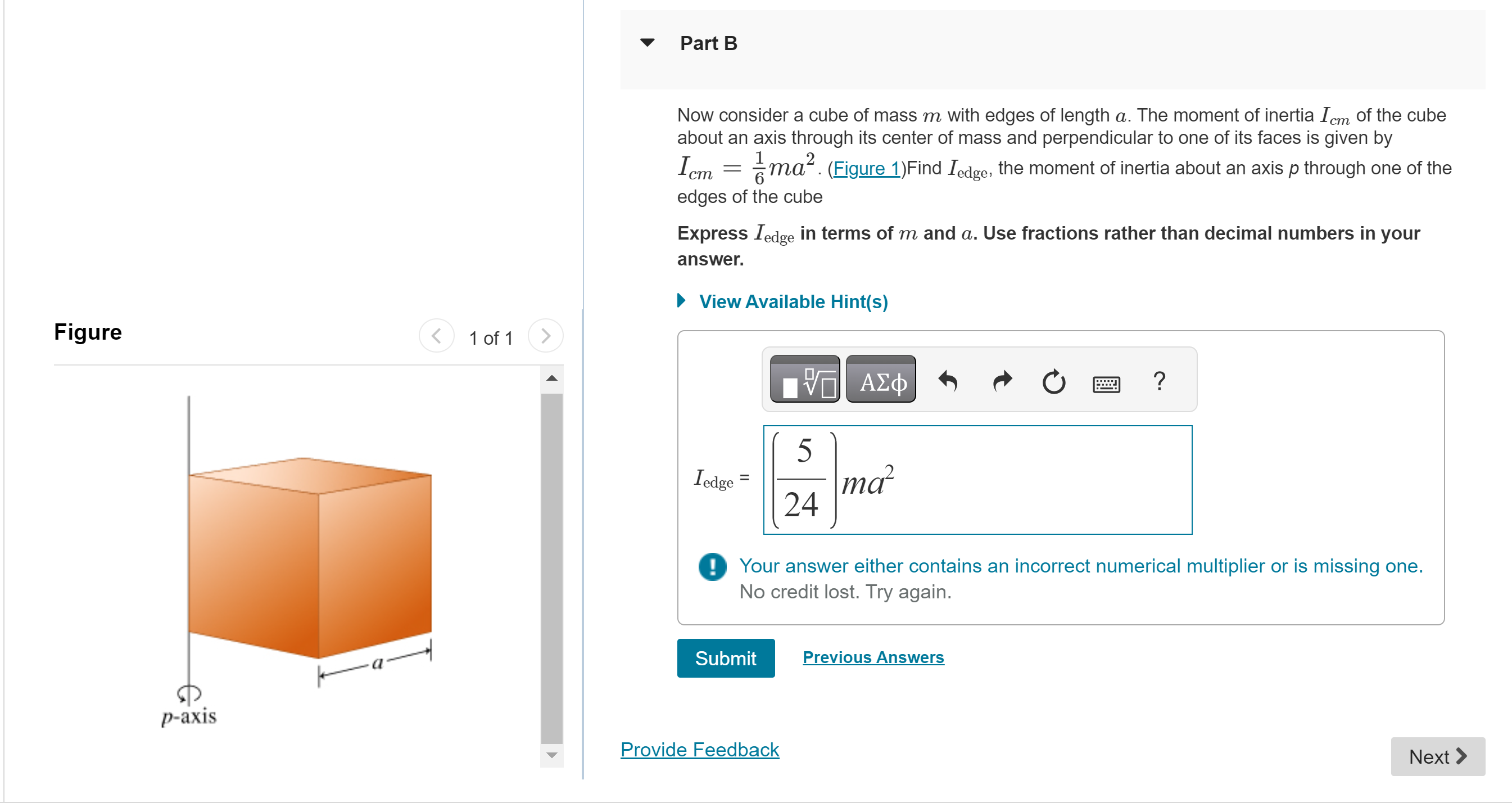 Solved Part BNow consider a cube of mass m ﻿with edges of | Chegg.com