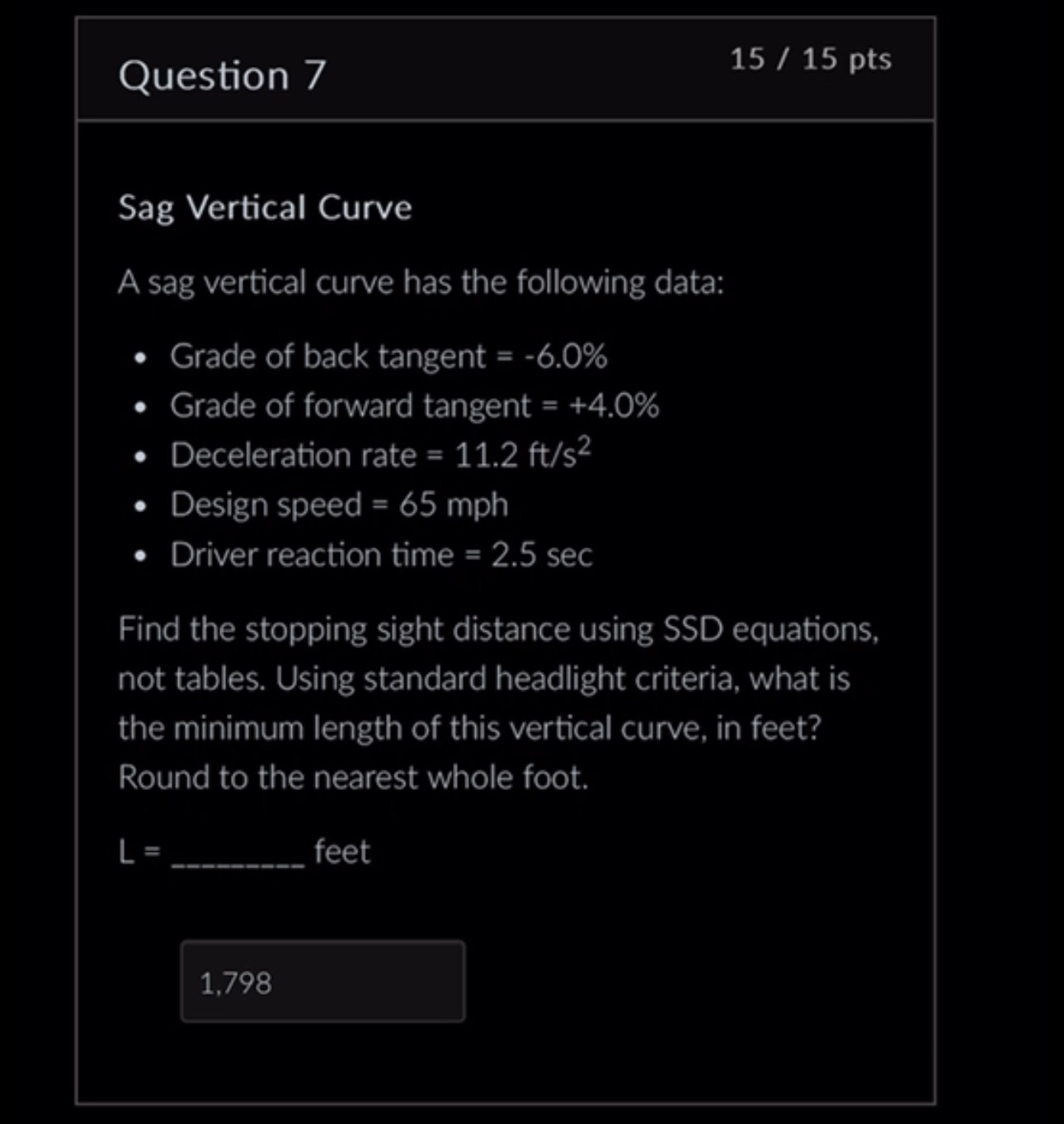 Solved Question 71515 ﻿ptsSag Vertical CurveA sag vertical | Chegg.com
