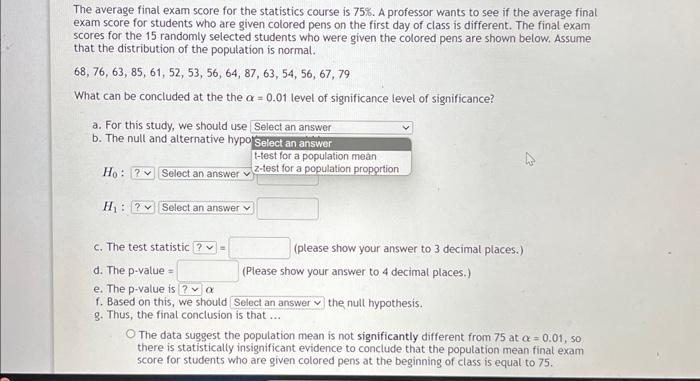 Solved The average final exam score for the statistics | Chegg.com