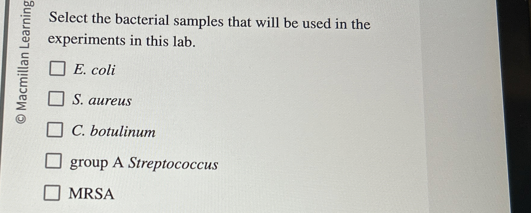 Solved Select the bacterial samples that will be used in the | Chegg.com