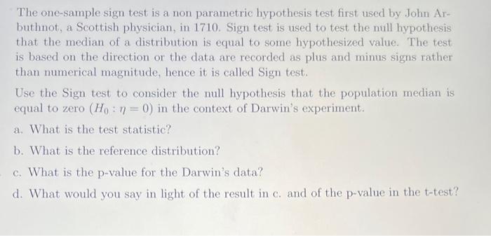 Solved The one-sample sign test is a non parametric | Chegg.com