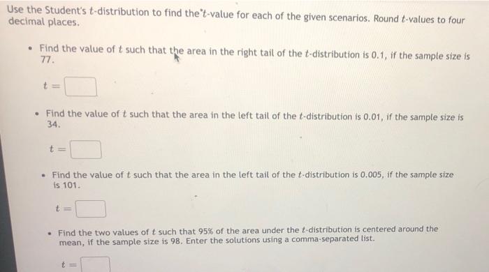 Solved Use the Student's t-distribution to find the t-value | Chegg.com
