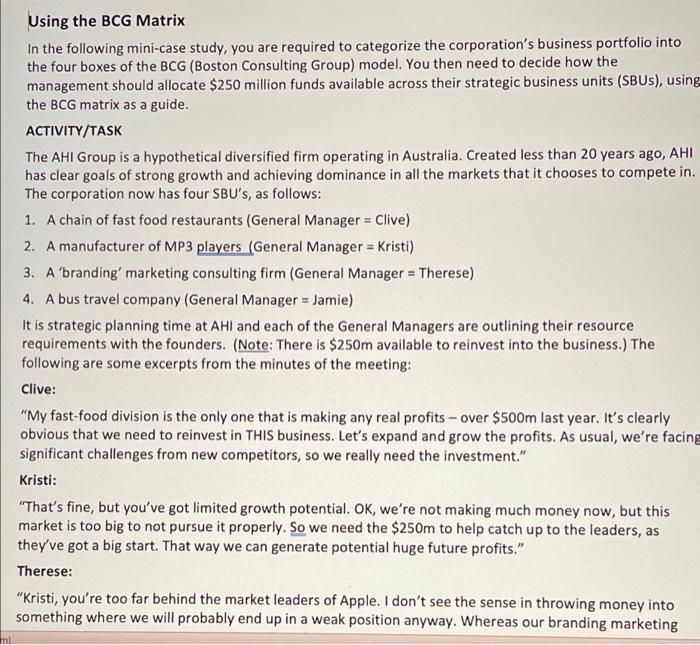 Solved Using the BCG Matrix In the following mini-case | Chegg.com
