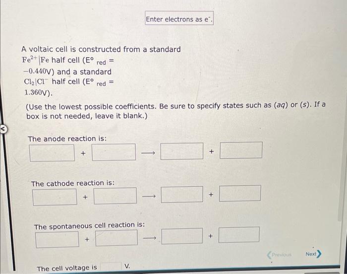 Solved A voltaic cell is constructed from a standard Fe2+∣Fe | Chegg.com