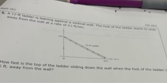Solved 5. A 13−ft ladder is leaning against a vertical wall, | Chegg.com