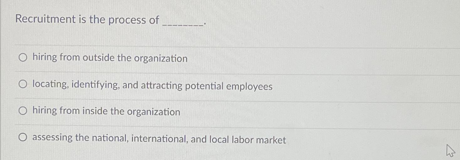 Solved Recruitment is the process ofhiring from outside the | Chegg.com