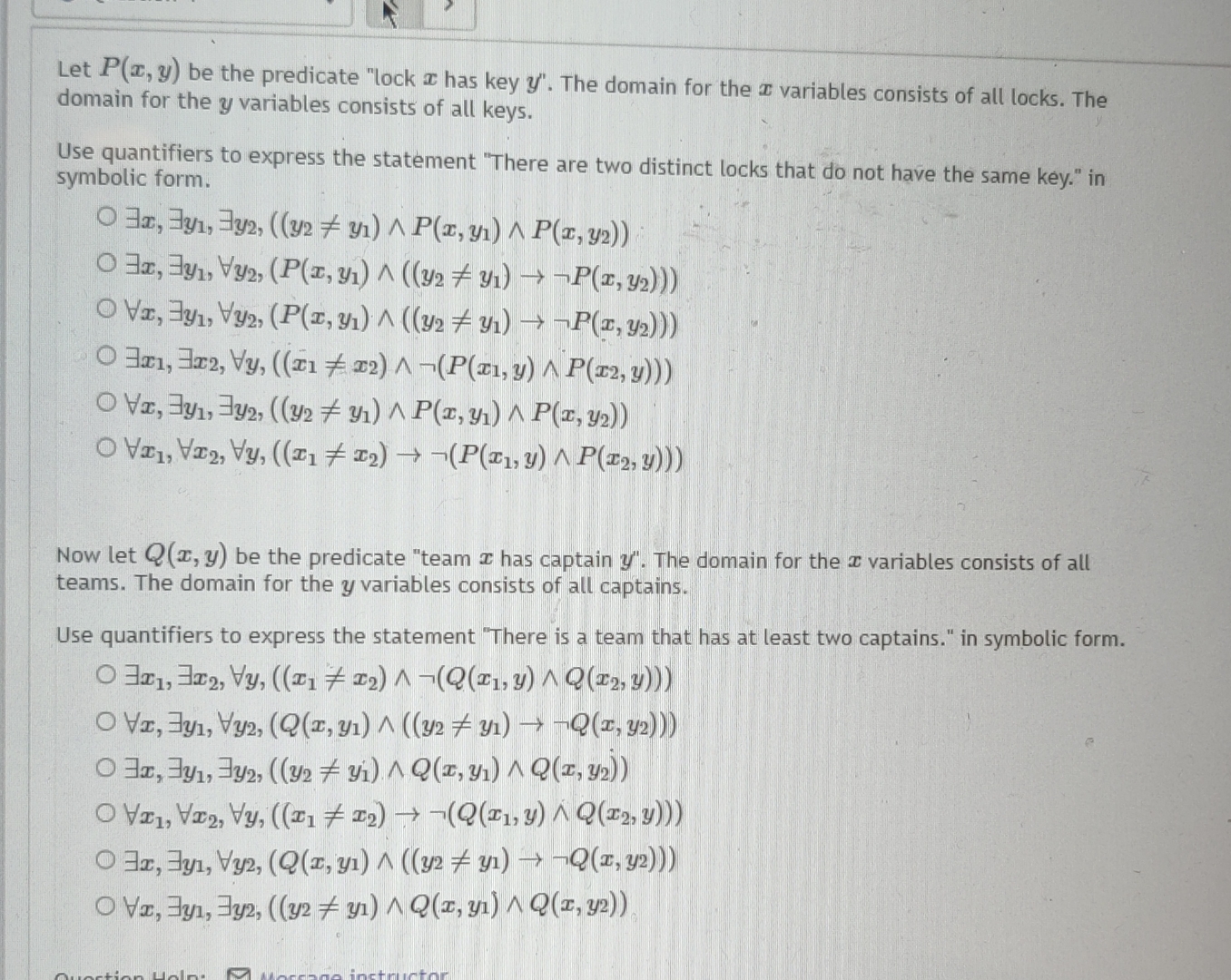 Solved Let P(x,y) ﻿be the predicate "lock x ﻿has key y''. | Chegg.com