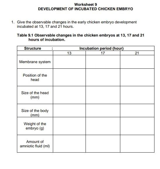 Solved Worksheet 9 DEVELOPMENT OF INCUBATED CHICKEN EMBRYO | Chegg.com