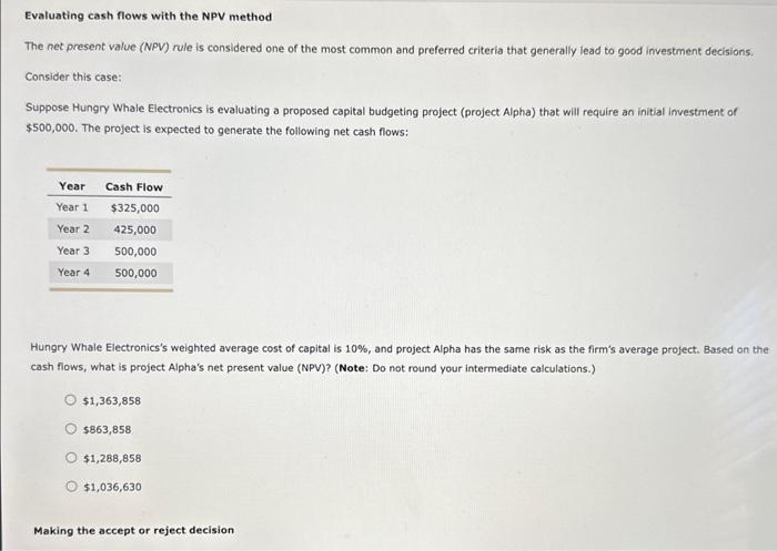 Solved Evaluating cash flows with the NPV method The net | Chegg.com