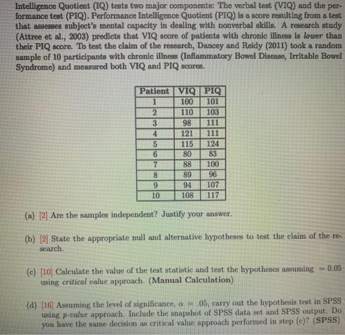 Solved Intelligence Quotient (IQ) tests two major | Chegg.com