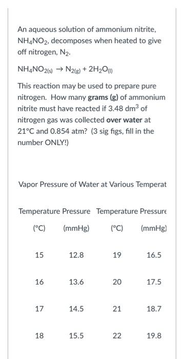 Solved An aqueous solution of ammonium nitrite, NH4NO2, | Chegg.com