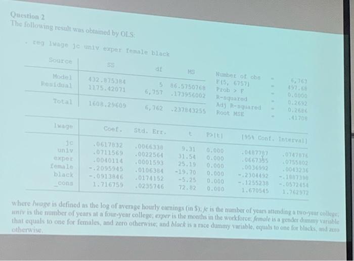Solved Question 2 The following result was obtained by OLS: | Chegg.com