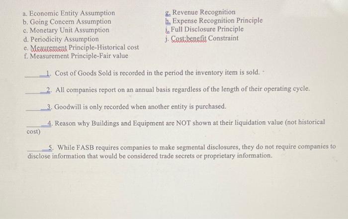 Solved a. Economic Entity Assumption g. Revenue Recognition | Chegg.com