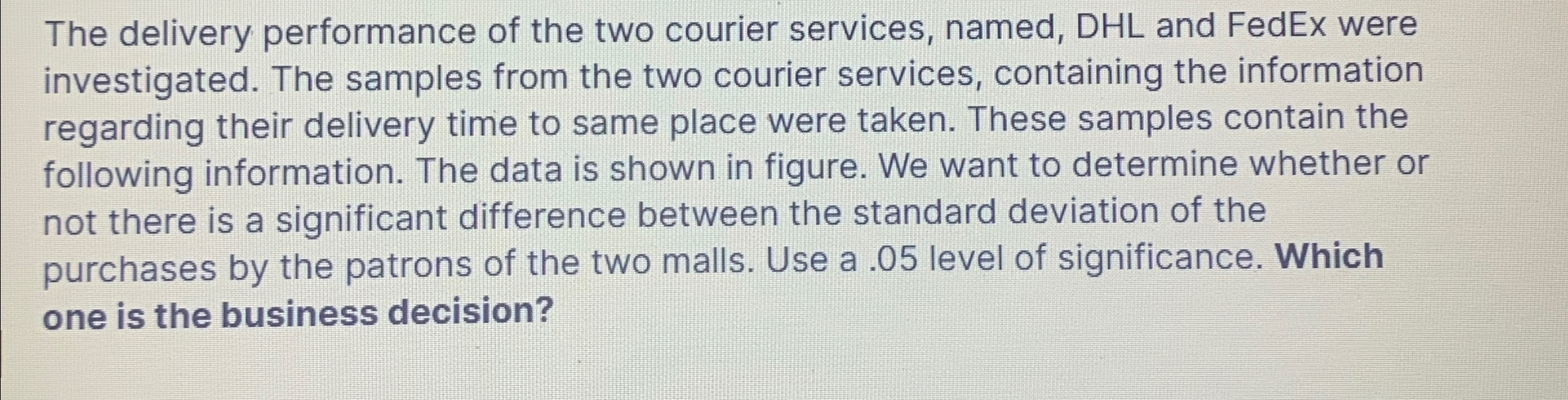 Solved The delivery performance of the two courier services, | Chegg.com