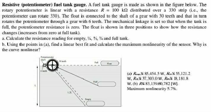 Resistive (potentiometer) fuel tank gauge. A fuel | Chegg.com