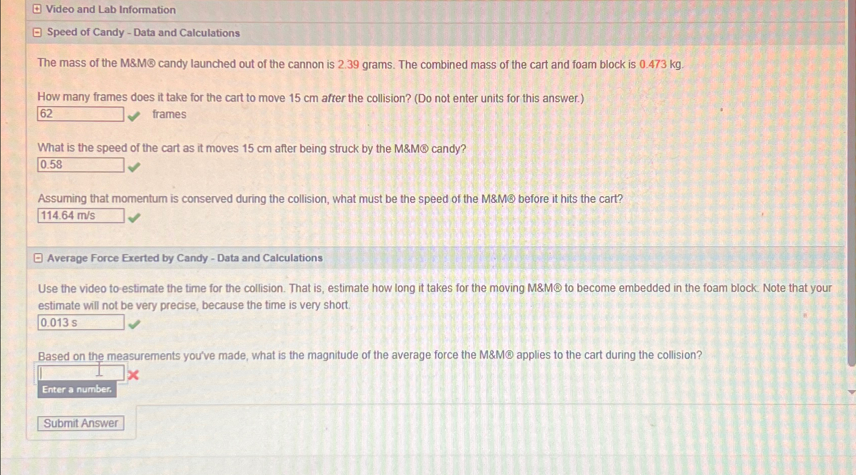 Solved Video and Lab InformationSpeed of Candy - ﻿Data and | Chegg.com