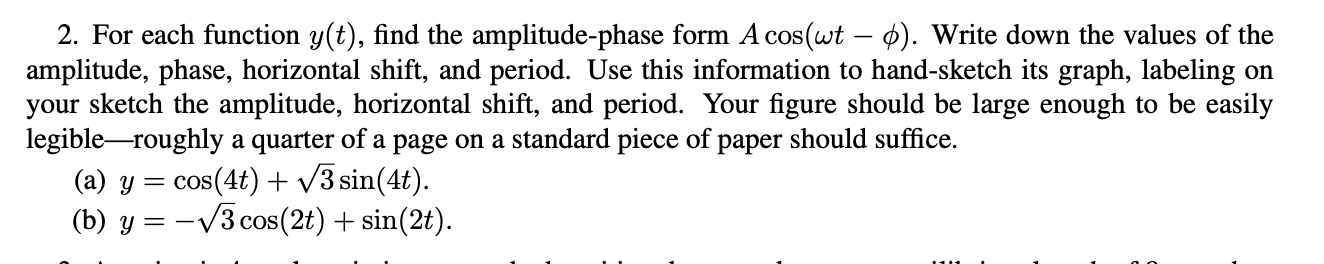 Solved For each function y(t), ﻿find the amplitude-phase | Chegg.com