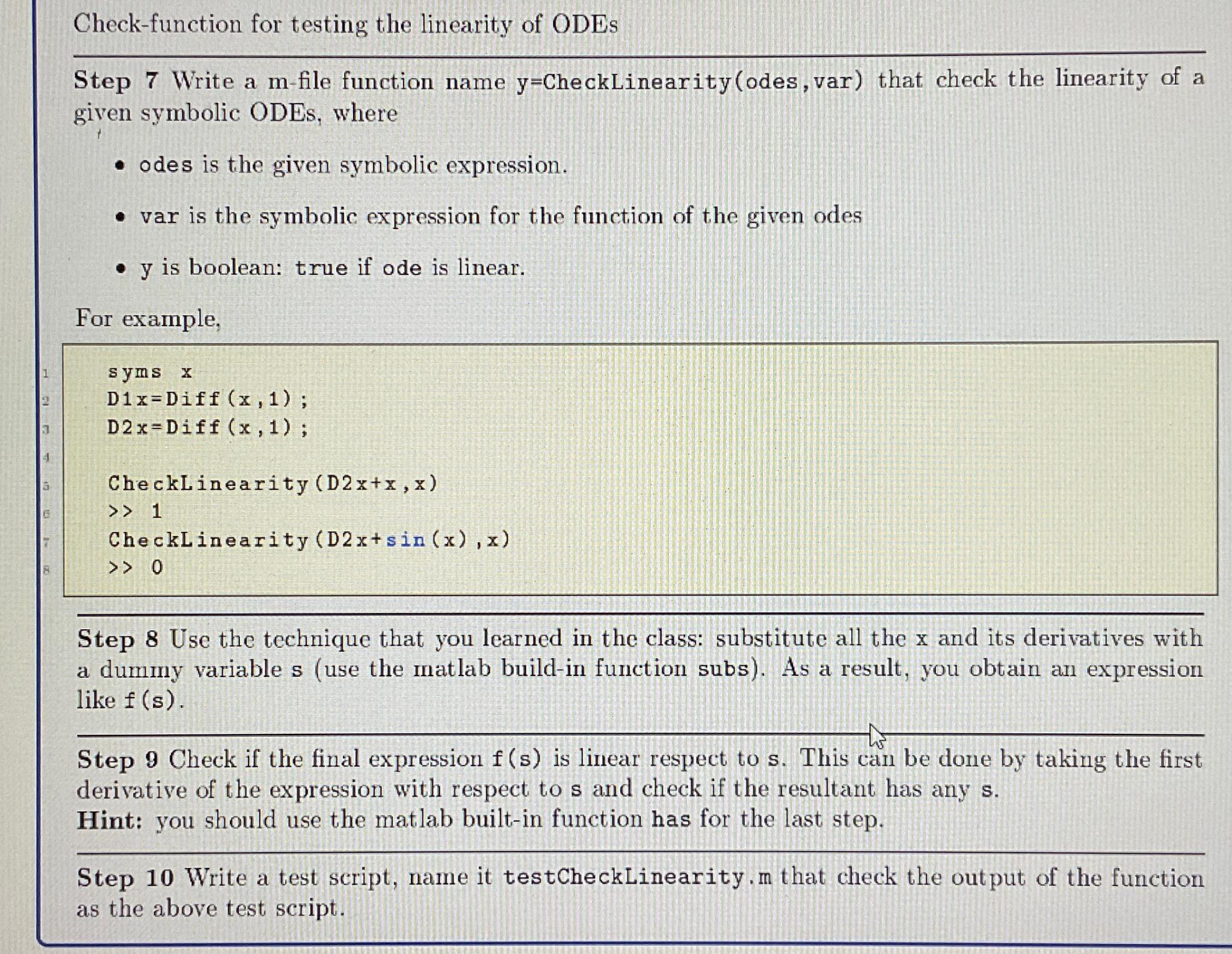 Solved Check-function for testing the linearity of ODEsStep | Chegg.com