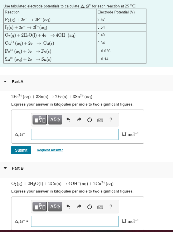 Solved Use tabulated electrode potentials to calculate ΔrG° | Chegg.com