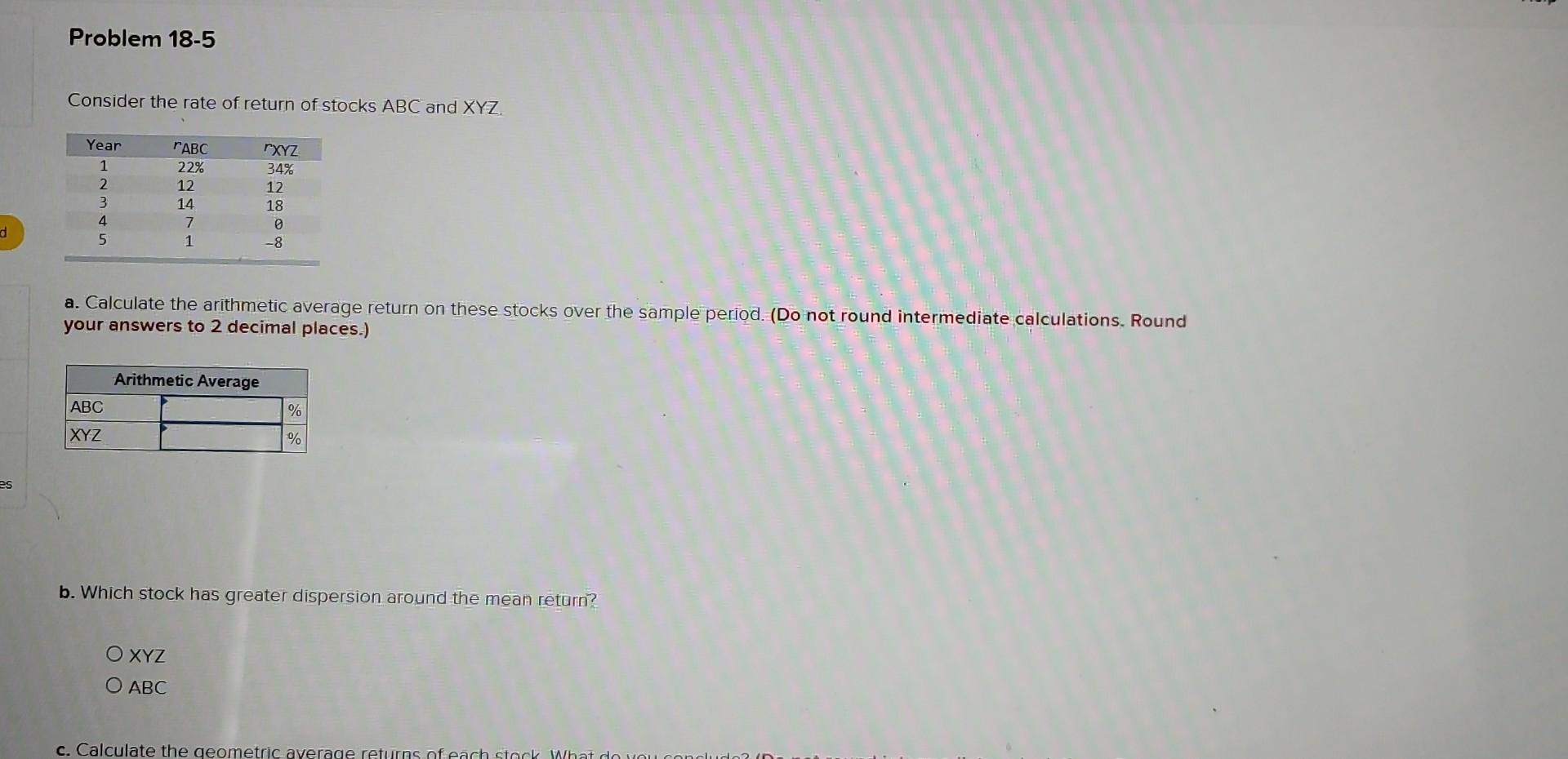Solved Consider the rate of return of stocks ABC and XYZ. a. | Chegg.com