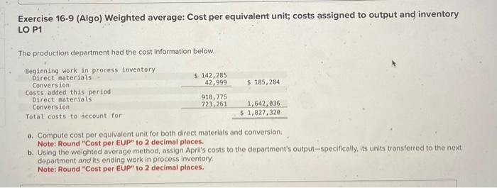 Solved Required a. Exercise 16-10A (Algo) FIFO: | Chegg.com