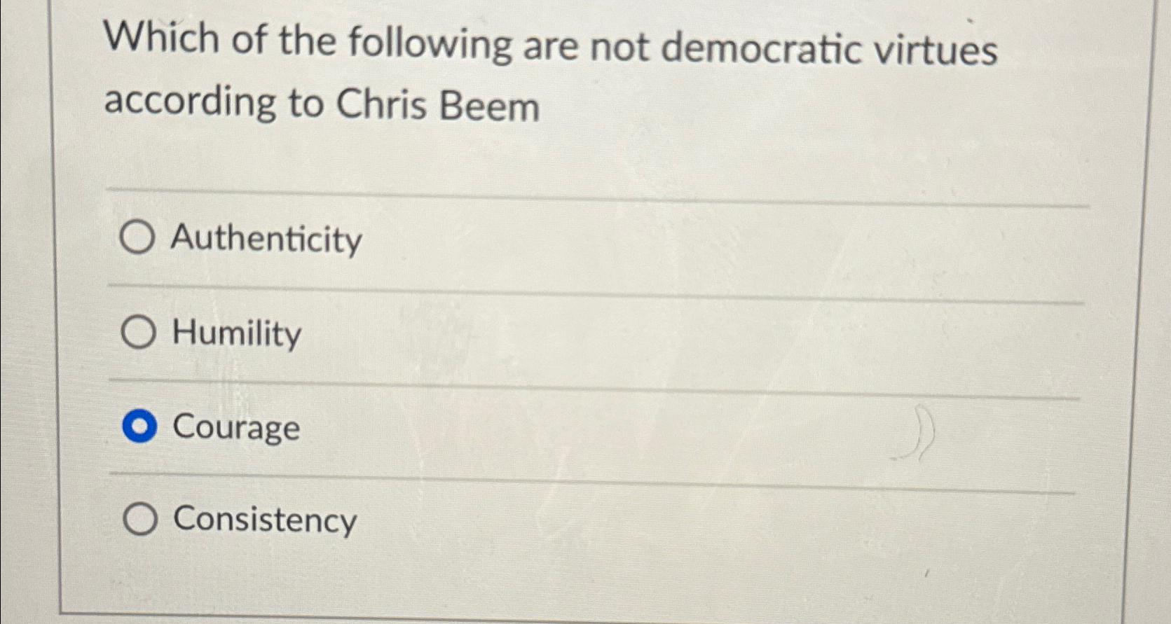 Solved Which of the following are not democratic virtues | Chegg.com