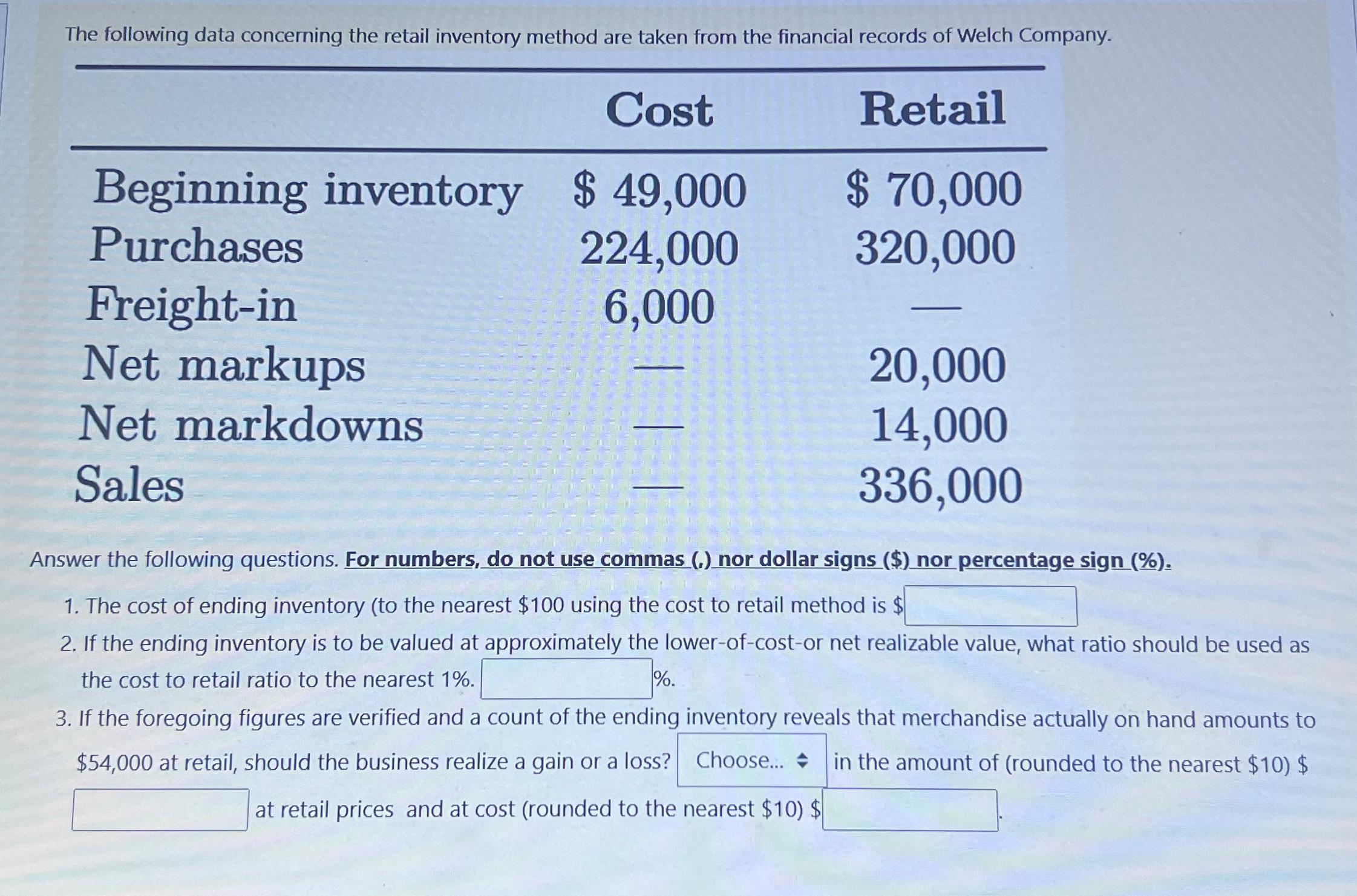 Solved The following data concerning the retail inventory | Chegg.com