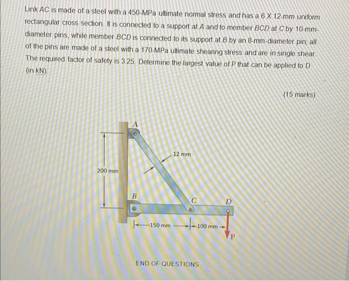 Solved Link AC is made of a steel with a 450-MPa ultimate | Chegg.com