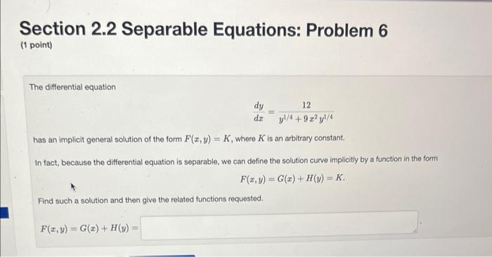 Solved Section 2 2 Separable Equations Problem 6 1 Point