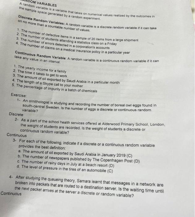 Solved VARIABLES the sample space is a variable that takes | Chegg.com
