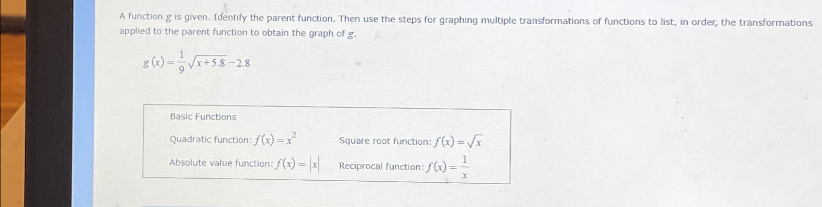 Solved A function g ﻿is given. Identify the parent function. | Chegg.com