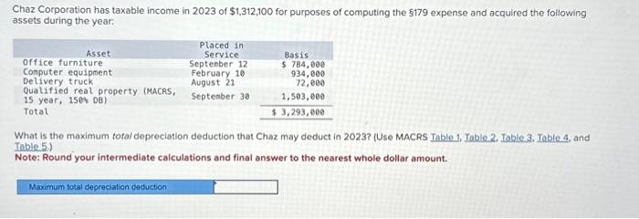 Solved solve for maximum total depreciation deduction | Chegg.com