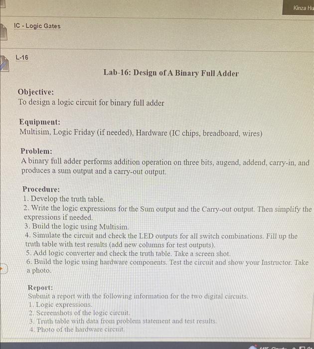 Solved Lab-16: Design of A Binary Full Adder Objective: To | Chegg.com