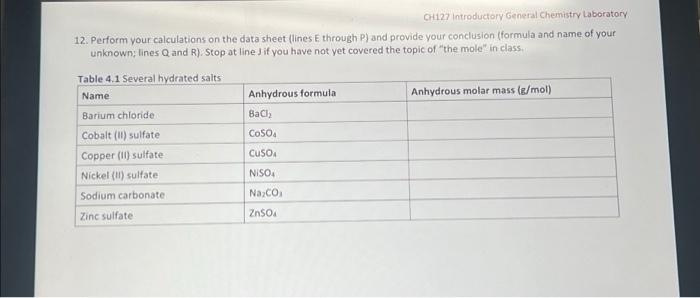 Solved CH127 Introductory General Chemistry Laboratory 12. | Chegg.com