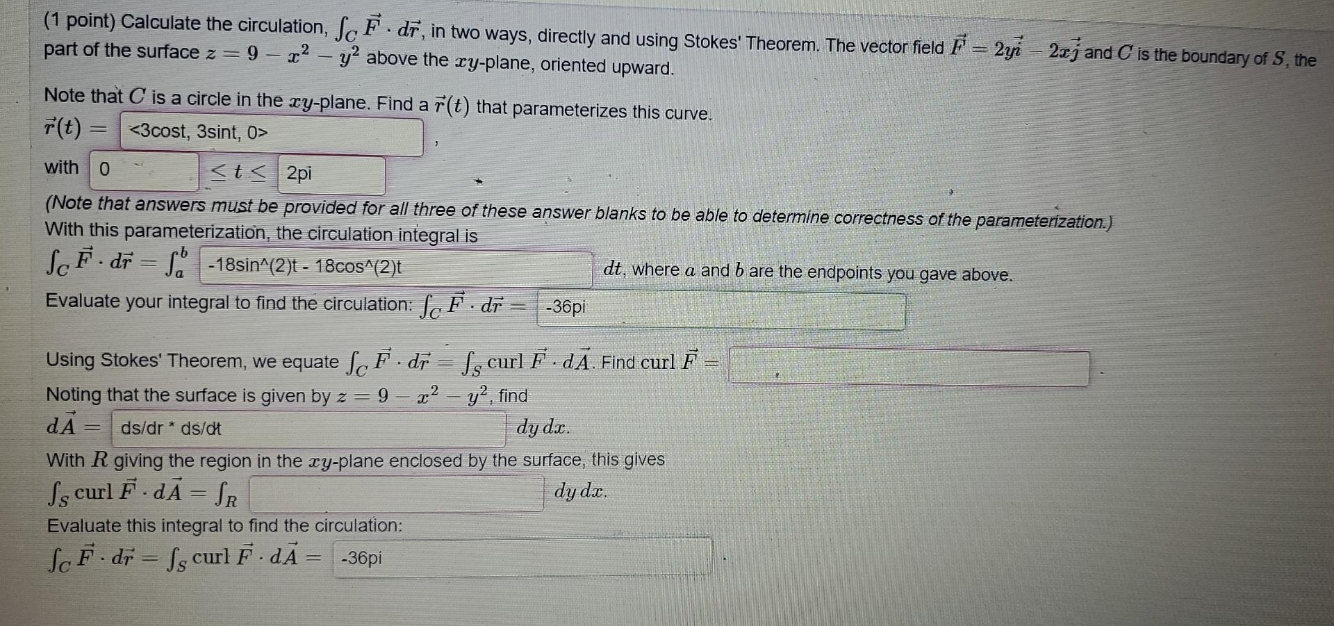Solved (1 point) Calculate the circulation, SC F. dr, in two | Chegg.com