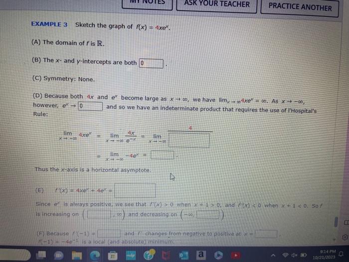 Solved Video Example(E) f′(x)=4xex+4ex= Since ex is always | Chegg.com