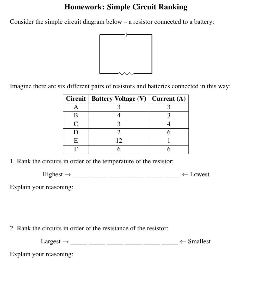 Solved Homework: Simple Circuit Ranking Consider the simple | Chegg.com