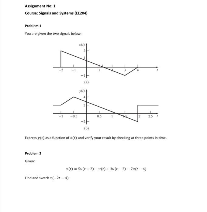 Solved Assignment No:1 Course: Signals and Systems (EE204) | Chegg.com
