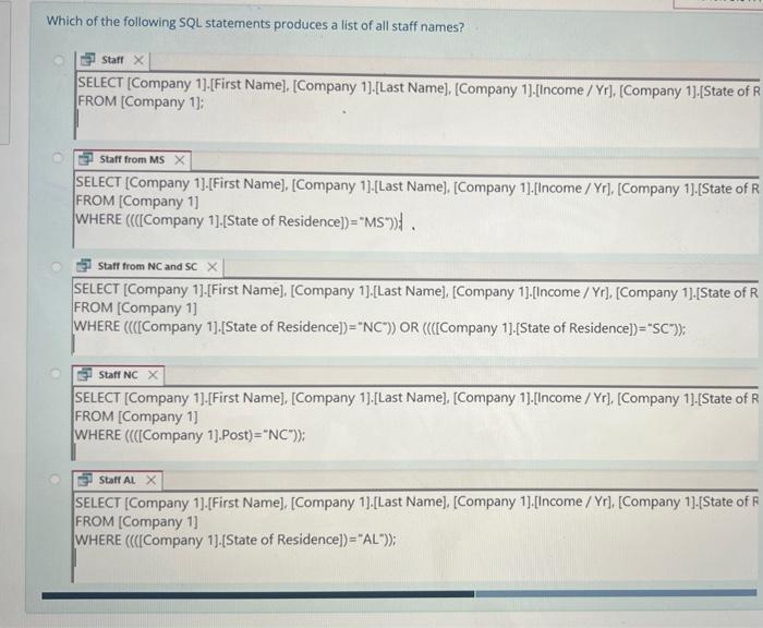 Solved Which of the following SQL statements produces a list | Chegg.com