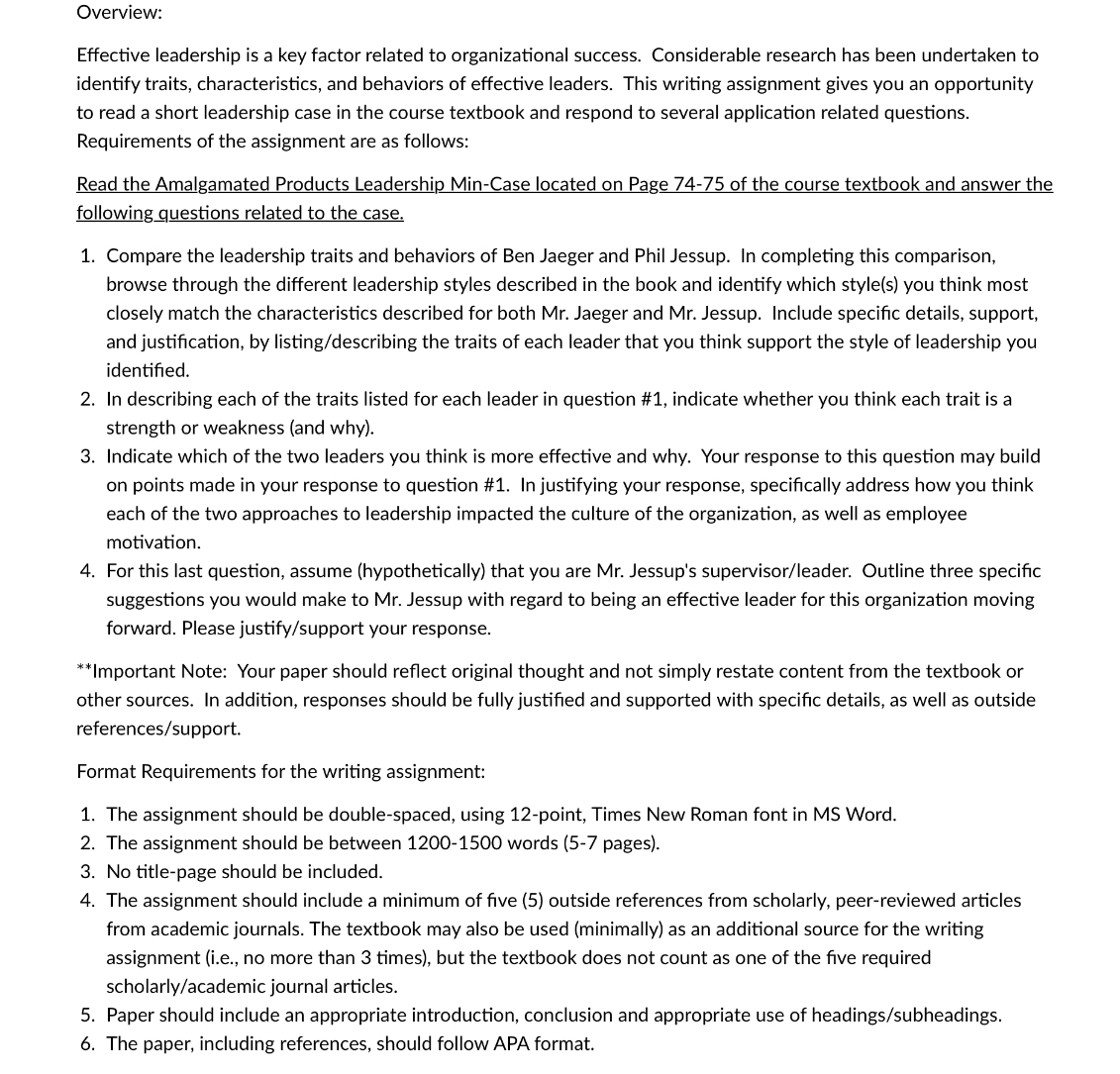 Solved Overview:Effective leadership is a key factor related | Chegg.com