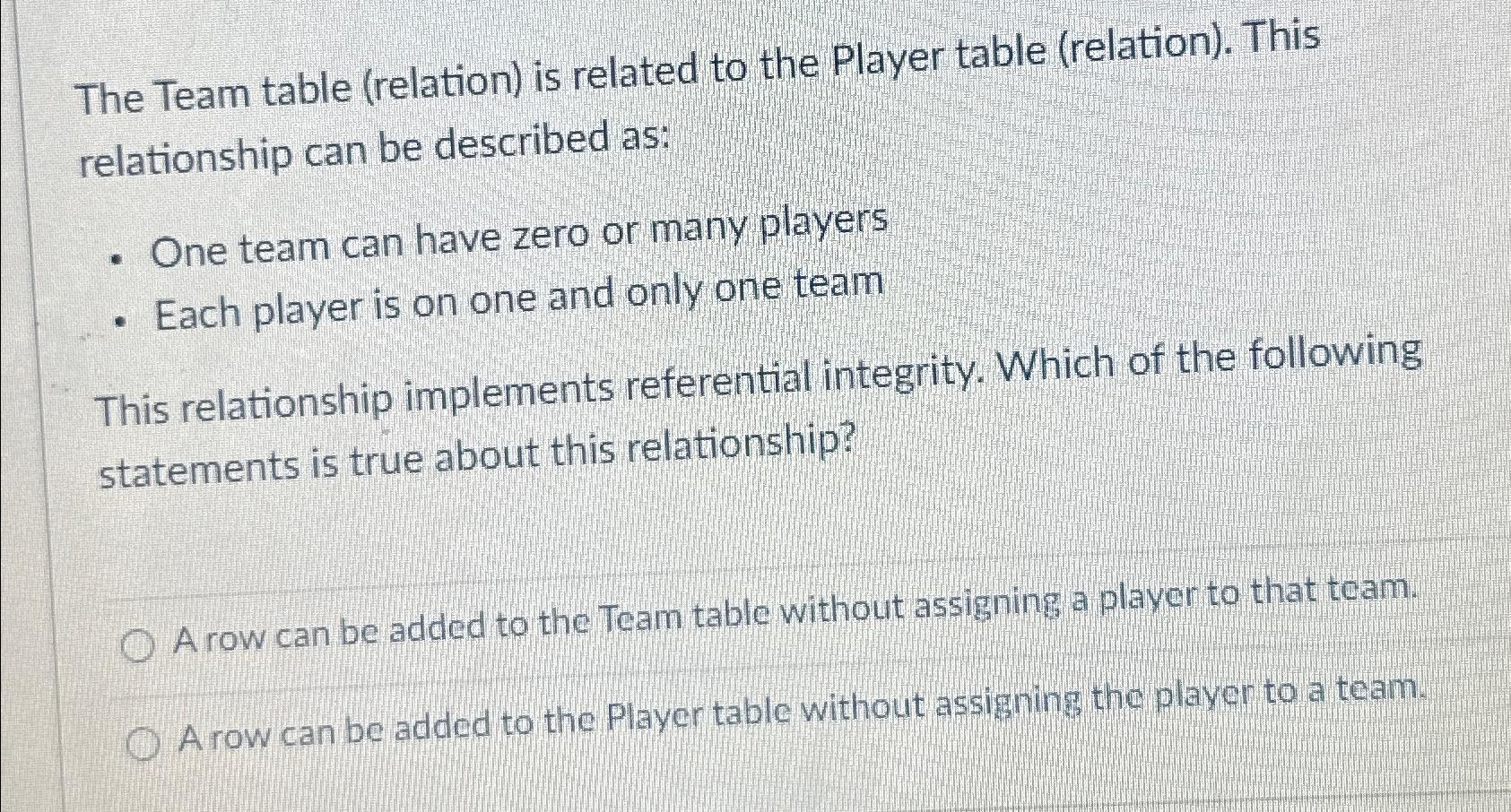 Solved The Team table (relation) ﻿is related to the Player | Chegg.com