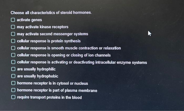 Solved Choose all characteristics of steroid hormones. | Chegg.com