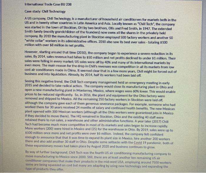 Solved International Trade Case BU 208 Case study: Chill | Chegg.com
