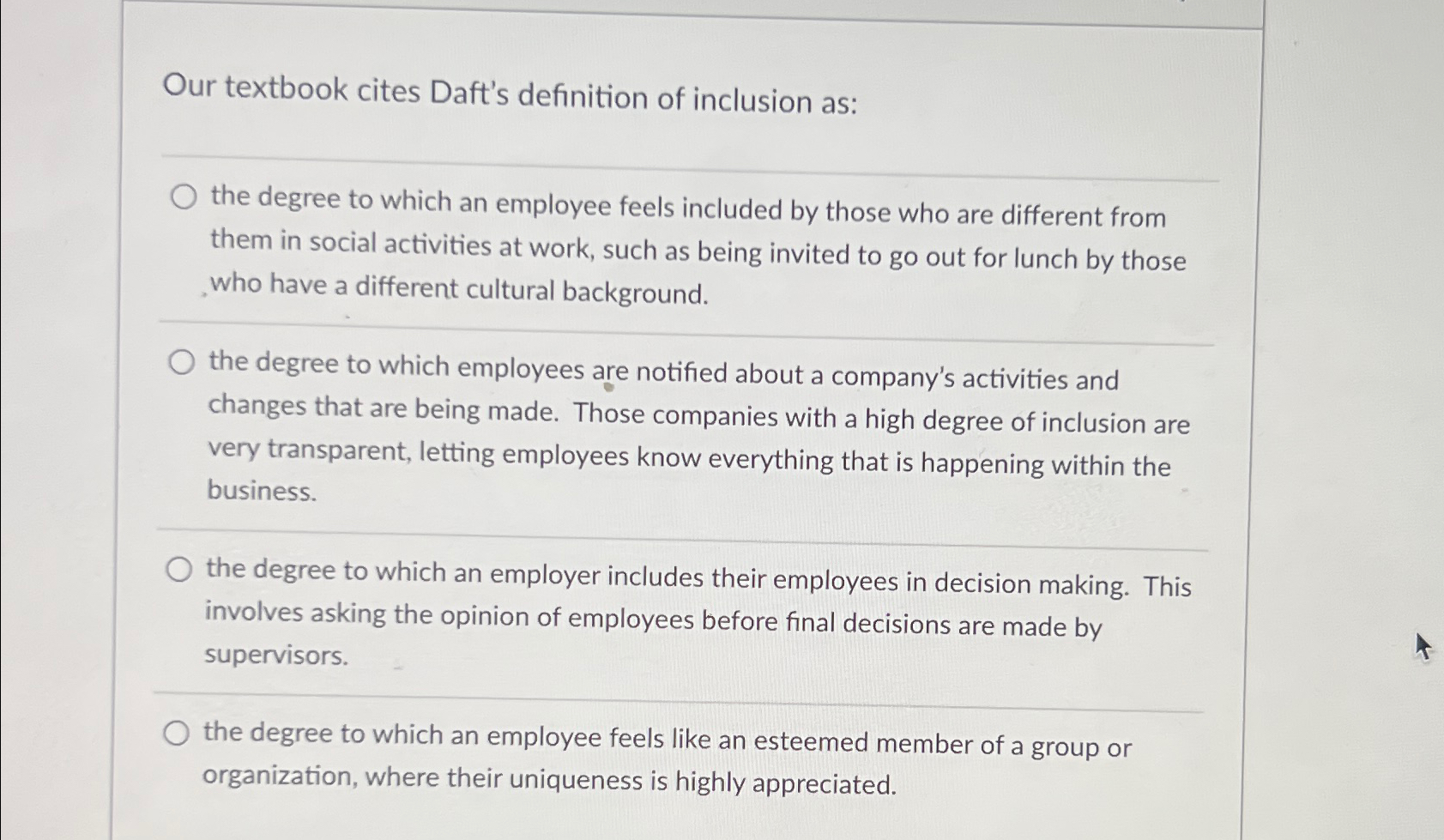 Solved Our textbook cites Daft's definition of inclusion | Chegg.com