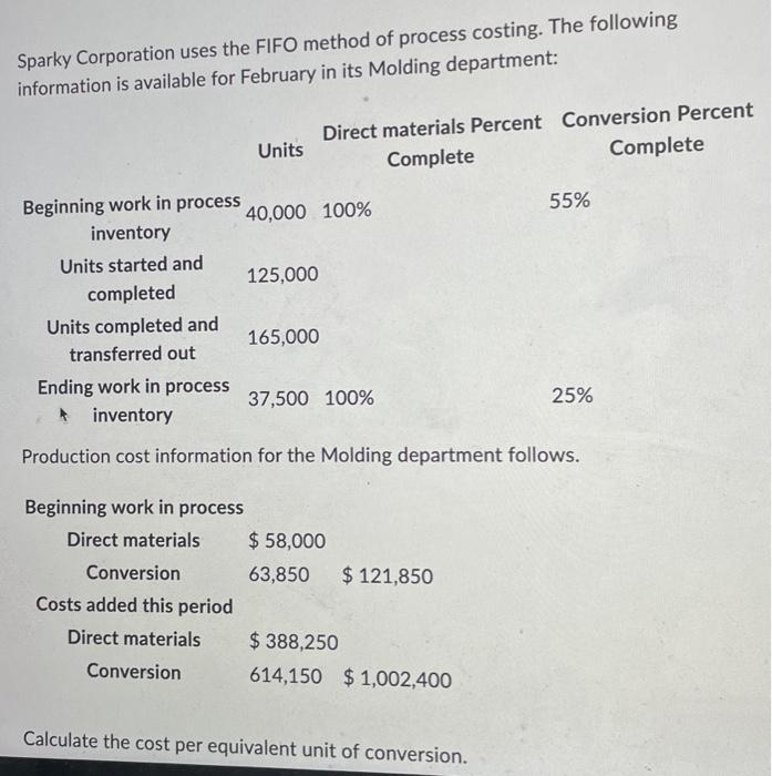 Solved Sparky Corporation uses the FIFO method of process | Chegg.com