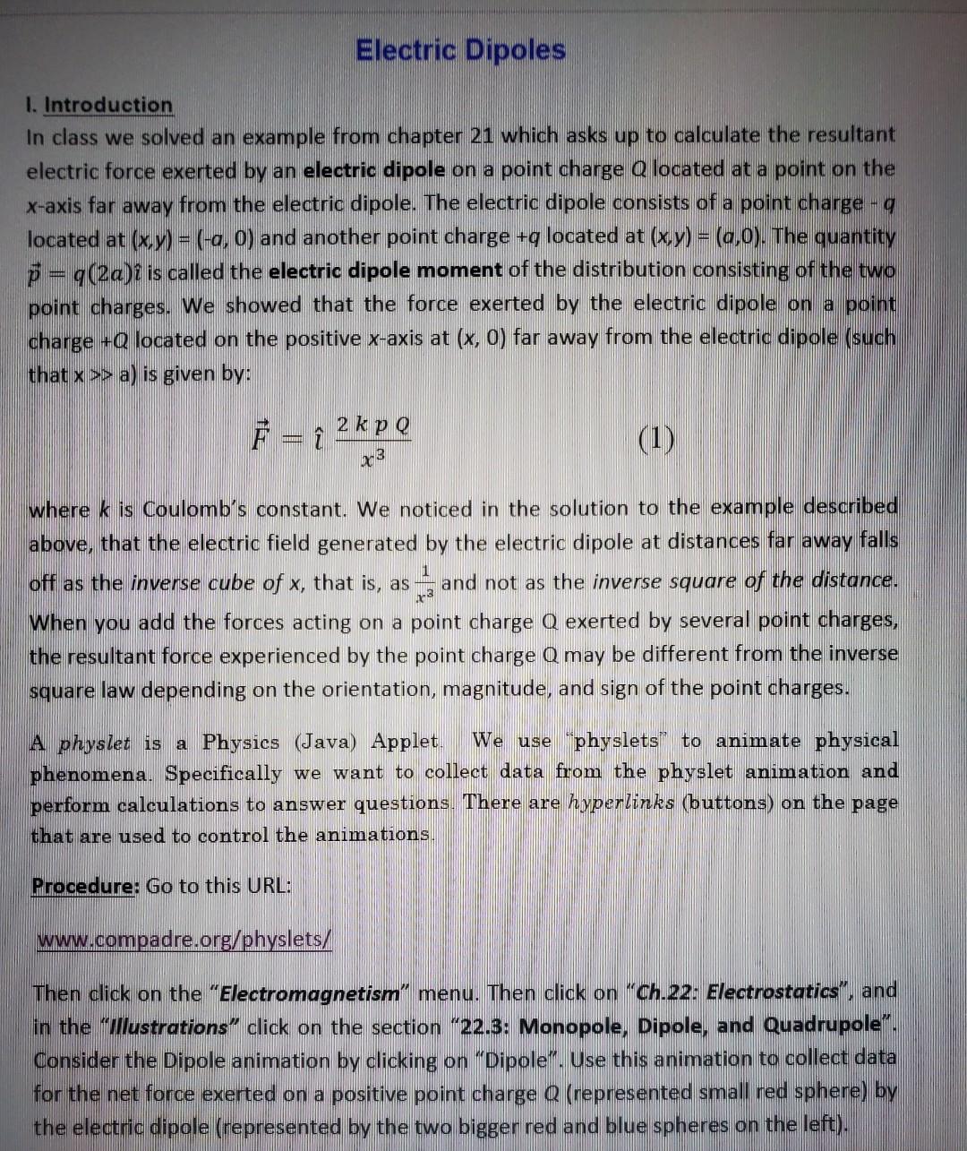 Solved Electric Dipoles 1. Introduction In class we solved | Chegg.com